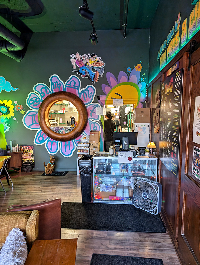 Step inside and you're transported to a groovy dimension where a flower-framed mirror reflects the kaleidoscope of colors that define this unique Akron eatery.