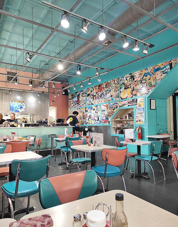 Retro turquoise and coral chairs transport you to a simpler time when breakfast was the most important meal and calories didn't count before noon.