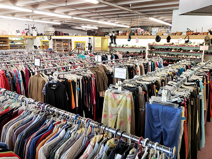 A sea of possibilities hanging on racks as far as the eye can see. Every aisle tells a different story of fashion's past lives.