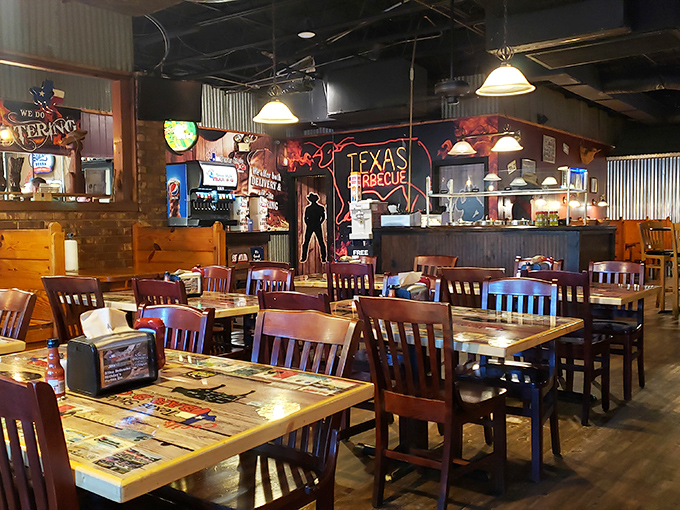 Inside, Texas pride meets Florida hospitality with wooden tables, corrugated metal accents, and neon signs that whisper, "Stay awhile."