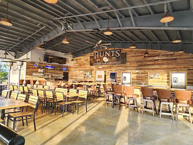 Inside Hunt's, rustic wooden walls and high ceilings create the perfect backdrop for seafood feasts. No white tablecloths needed when the food is this good.