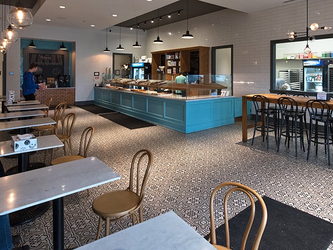 Modern meets nostalgic in this thoughtfully designed space where the real stars&mdash;those glorious donuts&mdash;take center stage behind gleaming glass.