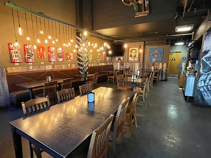 String lights cast a warm glow over wooden tables where burger dreams come true. This isn't just dining&mdash;it's a California comfort ritual.