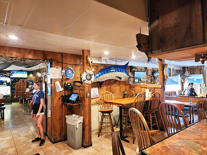 Weathered wood and maritime treasures create the perfect backdrop for serious seafood indulgence ahead.