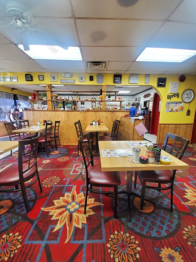Step inside to a world where bright yellow walls and vibrant carpets create the perfect backdrop for breakfast magic.