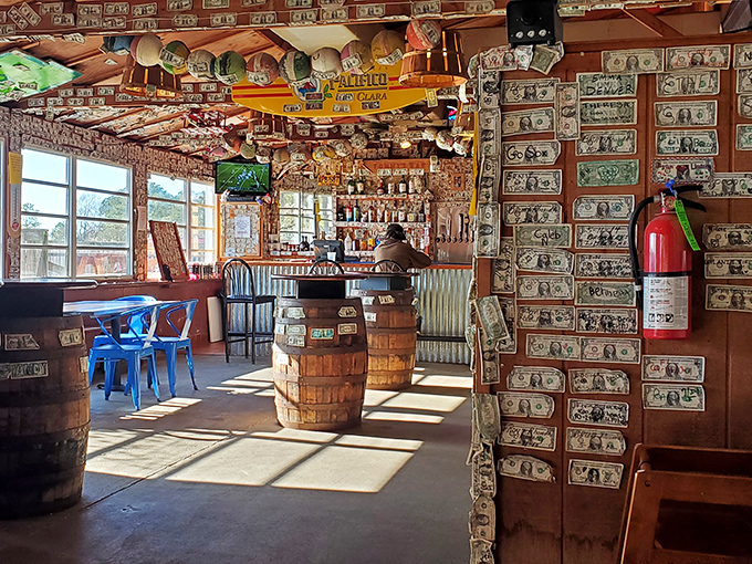Dollar bills wallpaper every surface like a retirement plan gone wonderfully wrong. This isn't decoration—it's edible history in the making.