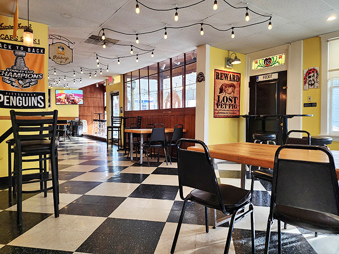 String lights and checkered floors create the perfect atmosphere where comfort food dreams come gloriously true.