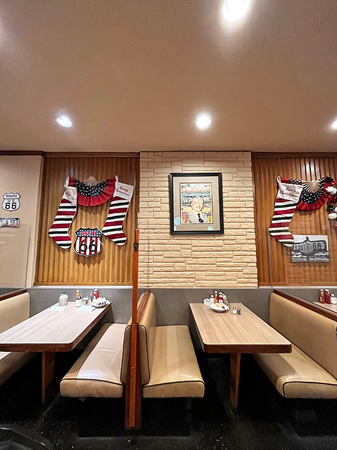 Route 66 memorabilia adorns the walls while comfortable booths invite you to settle in. It's not trendy-retro, it's authentically timeless.