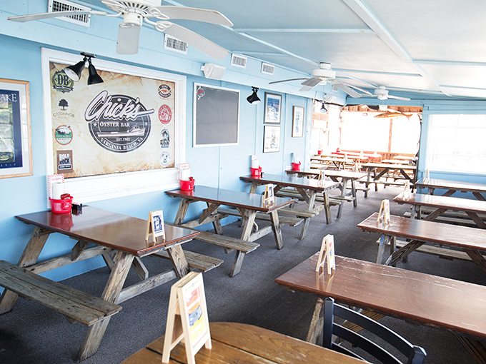 Inside, picnic tables and coastal blue walls create that perfect "I'm definitely on vacation" vibe, even if you're just playing hooky on a Tuesday.