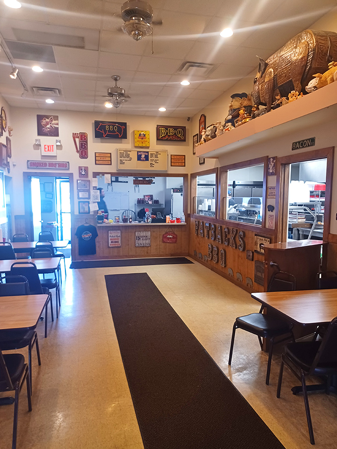 Classic diner aesthetics reign supreme inside: wood paneling, vinyl booths, and floral artwork that hasn't changed since Reagan was president. Somehow, it's perfect.