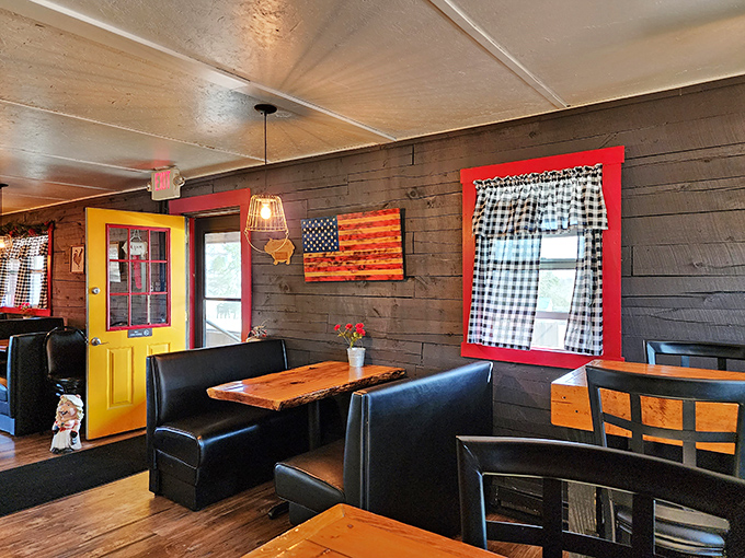 Rustic wooden walls, checkered curtains, and that bright yellow door – walking in feels like entering your favorite aunt's country cabin, if she happened to be a smoke master.