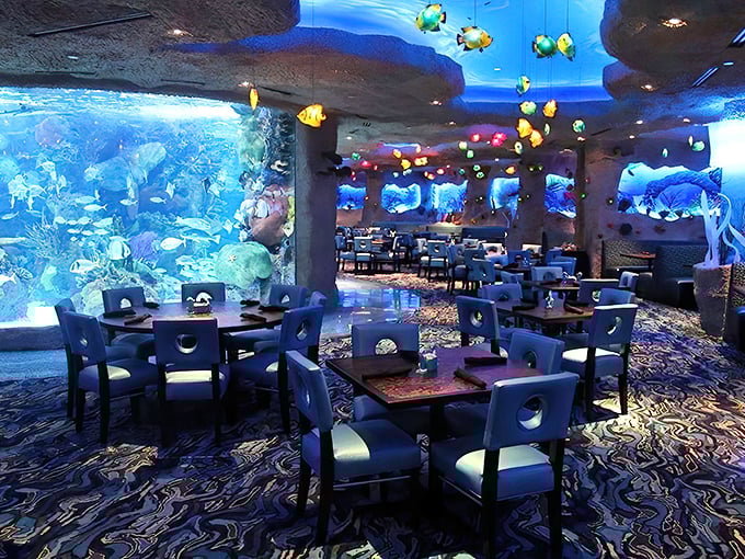 Dining under the sea without getting wet? Tables strategically placed around the massive aquarium create the illusion you've stumbled into Ariel's dining room.