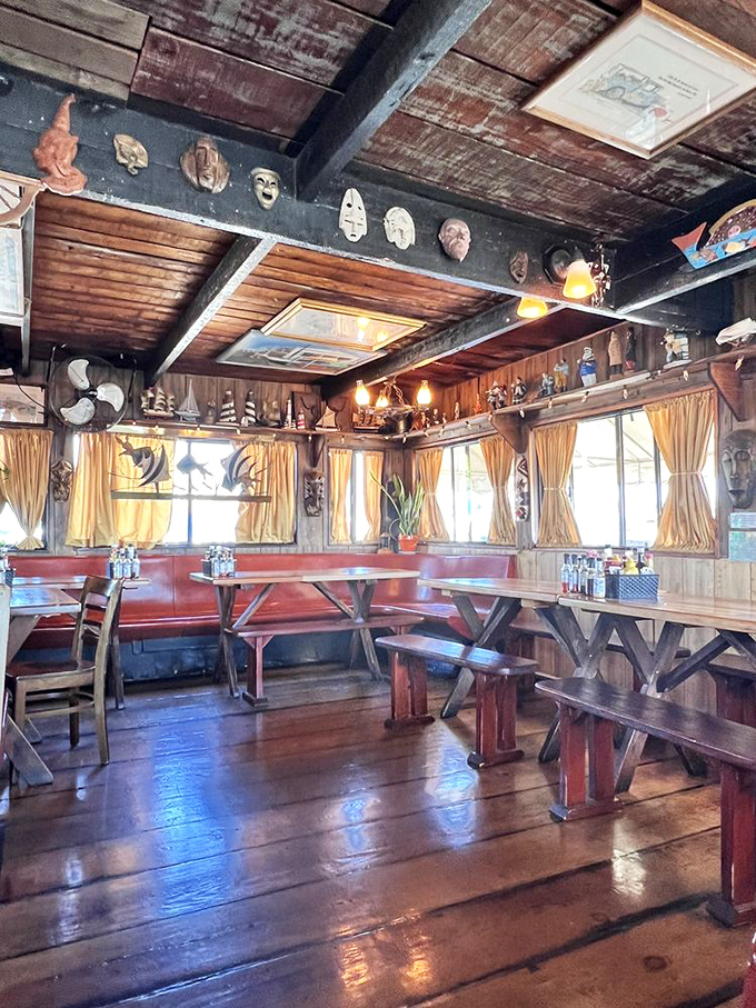 Nautical nostalgia meets comfort dining. Those wooden beams and quirky masks create the perfect atmosphere for seafood feasting&mdash;like dining in a treasure chest.