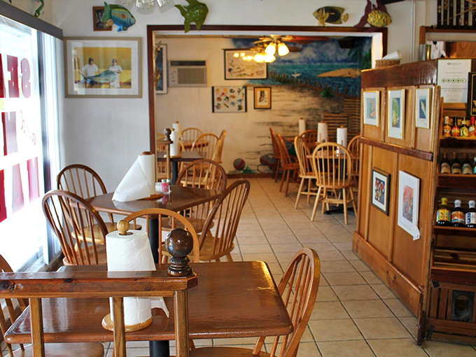 Wooden chairs, nautical decor, and that unmistakable Keys vibe&mdash;this dining room feels like the captain's quarters of a particularly delicious fishing vessel.