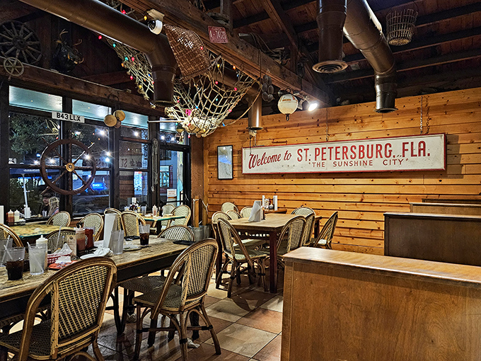 Step inside and you're transported to a mariner's dream clubhouse. Those wooden walls have probably heard more fish tales than a harbor master.