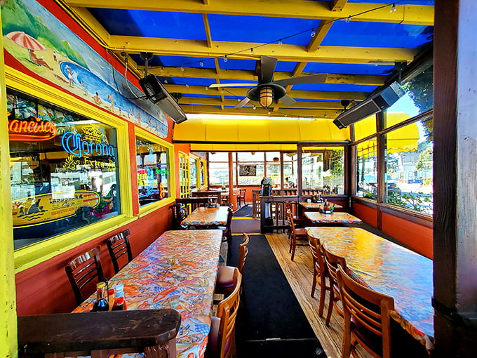 Inside, colorful tablecloths and nautical charm create the perfect backdrop for seafood feasting. No interior decorator needed when you've got ocean views!