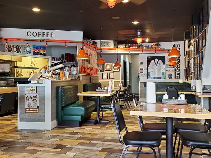 Inside, nostalgia hangs in the air as thick as the coffee aroma. Green booths, orange pendant lights, and walls of memories create that "everybody knows your name" vibe.
