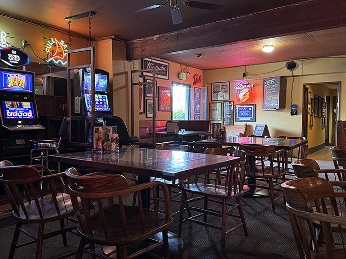 Where neon dreams and breakfast schemes come together. The warm glow of beer signs makes everyone look like they're starring in their own indie film.