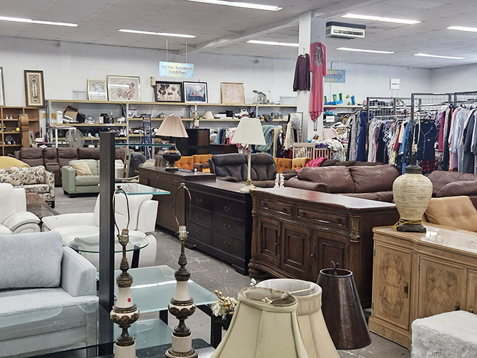 A furniture wonderland where mid-century meets yesterday's living room. That perfect side table is hiding somewhere in this organized chaos.