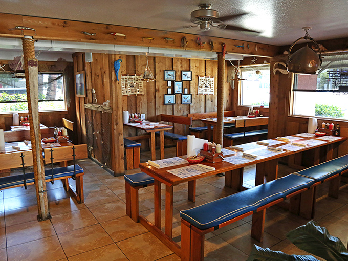 Wooden paneling and bench seating create that authentic "just-off-the-boat" atmosphere where napkins are plentiful and pretension is nowhere to be found.