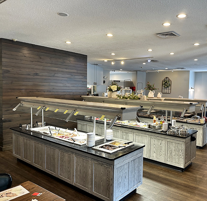 Modern buffet stations with rustic wood finishes create the perfect marriage of convenience and country charm. Plates at the ready!