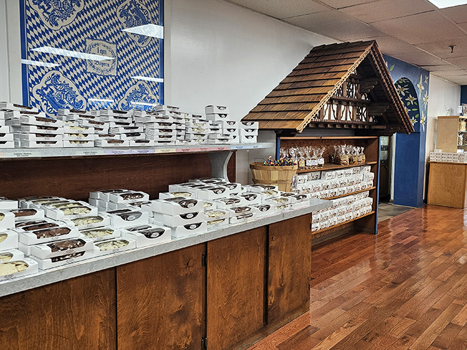 Wooden display cases stretch wall-to-wall, filled with temptations that would make Willy Wonka himself nod in approval.