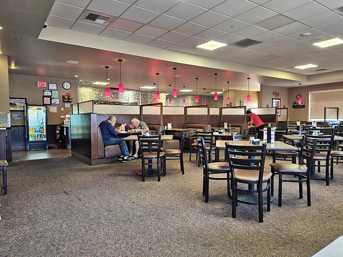 Inside J & M's, comfortable booths and practical tables create that perfect "everybody knows your name" atmosphere where conversations flow as freely as the coffee.