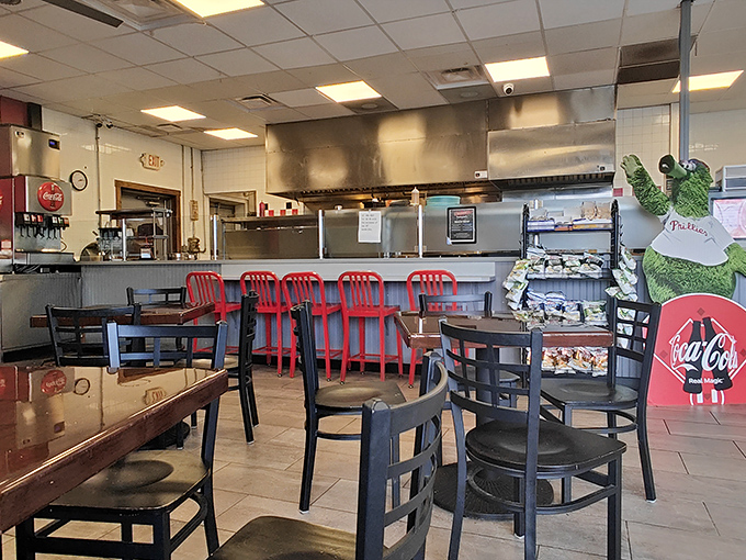 No-frills dining at its finest&mdash;red counter stools await the serious sandwich enthusiasts while the Phillie Phanatic stands guard over culinary greatness.