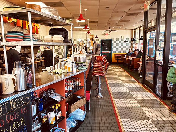 Classic diner charm with a modern twist – those red counter stools have probably heard more local stories than a small-town librarian.