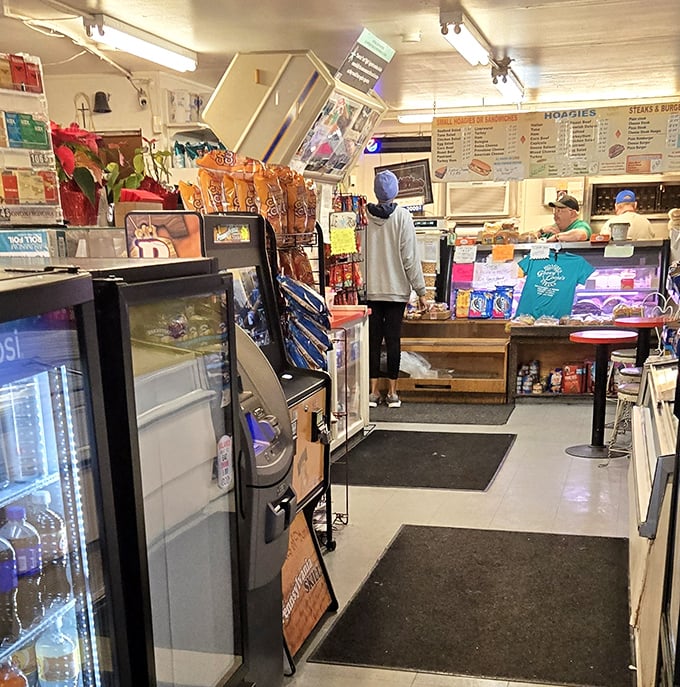 Inside, no wasted space or pretension—just the essentials needed for sandwich magic. The narrow path to deliciousness is well worth navigating.