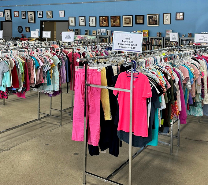 Miles of clothing racks stretch endlessly, creating a fashionista's paradise at budget-friendly prices.