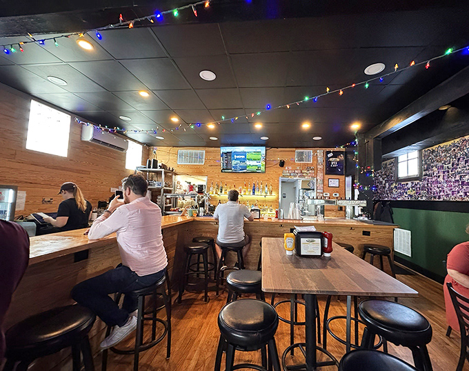 String lights dance across the ceiling while patrons belly up to the wooden bar. This cozy interior practically whispers, "Stay awhile, the burgers are worth it."