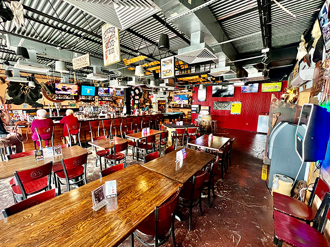 Red booths and wooden tables create the perfect backdrop for your barbecue adventure story.