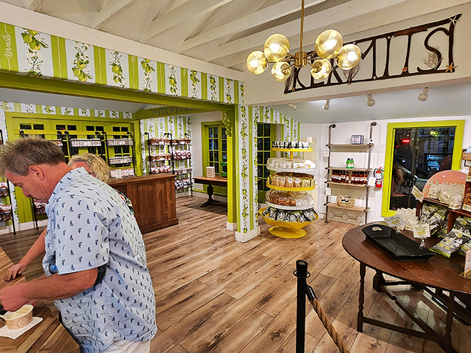Inside, the lime-patterned wallpaper and wooden floors create a shrine to all things key lime, where citrus devotees can worship at the altar of tangy perfection.