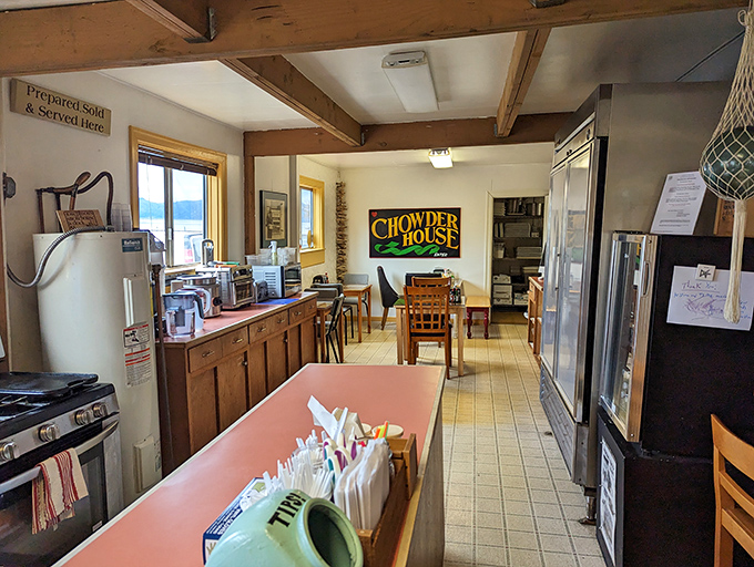 Inside, function meets flavor in this no-frills space where the "Chowder House" sign promises comfort in a bowl.