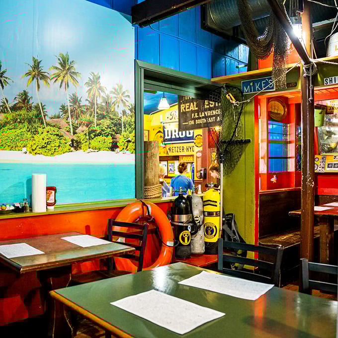 Tropical paradise meets vintage drugstore in this corner of Mike's Place. Who needs a plane ticket when you've got wall murals and scuba gear?