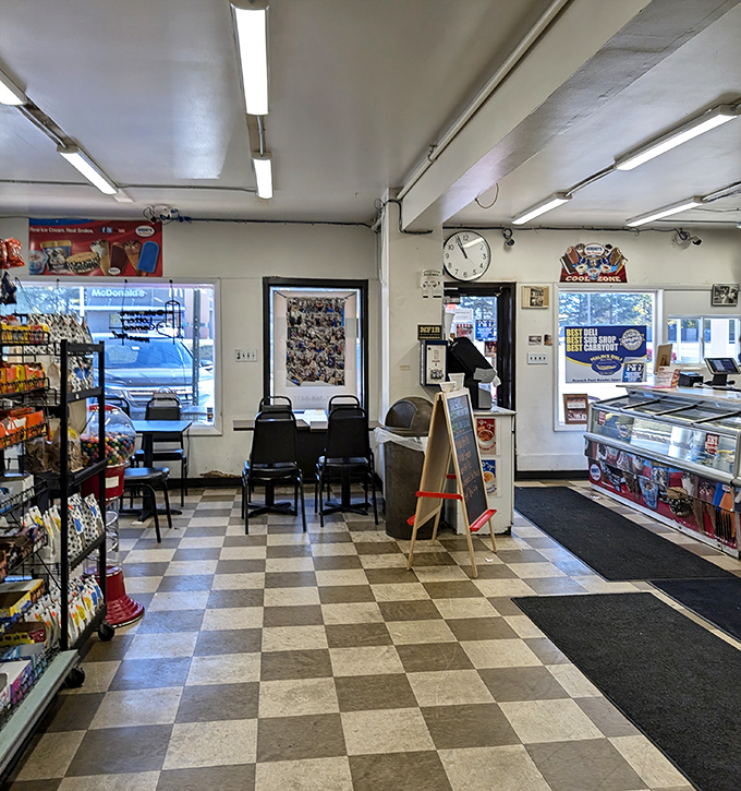 Inside, the classic checkered floor and no-nonsense layout tell you everything you need to know: this place prioritizes sandwiches over selfie opportunities.