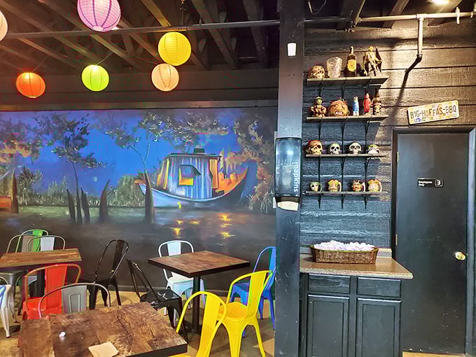 Step inside and you're transported to a pirate's hideaway, where colorful lanterns illuminate a world where BBQ is treasure and every meal's an adventure.