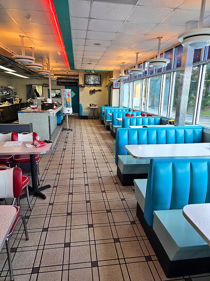 Wood paneling and comfortable seating create the perfect backdrop for serious breakfast conversations and legendary comfort food.