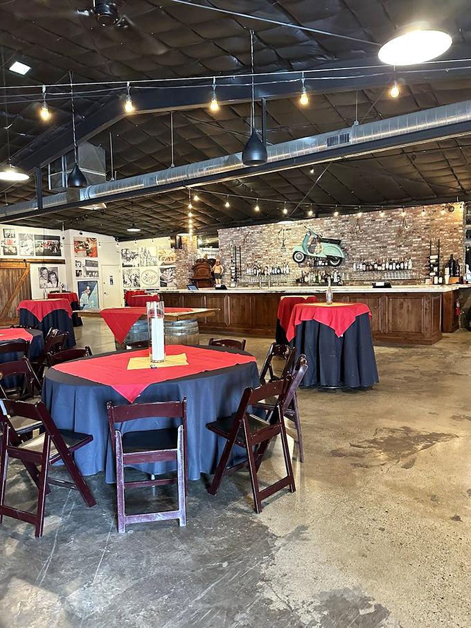Inside Luigi's, exposed brick walls meet string lights and navy-red tablecloths, creating that perfect "your Italian uncle's favorite hangout" atmosphere.