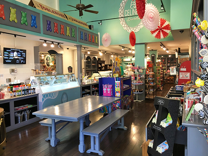 Inside, mint-green walls and colorful displays create the perfect backdrop for sugar-fueled daydreams. It's like walking into Willy Wonka's more organized cousin's place.