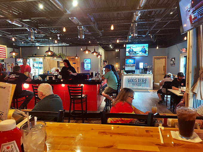 Inside, the vibrant red bar adds a pop of energy to the casual dining space where locals gather to enjoy what might be Pennsylvania's most addictive wings.