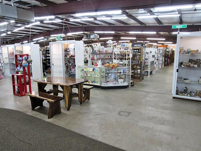 Endless aisles stretch toward the horizon like a museum where everything's for sale. That rustic wooden table? It's seen more family dinners than your holiday photo album.