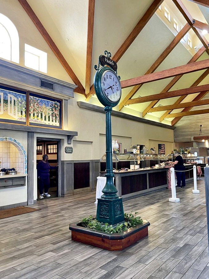 Time stands still at the heart of Hodel's dining room, where the vintage clock centerpiece reminds you to slow down and savor every bite.