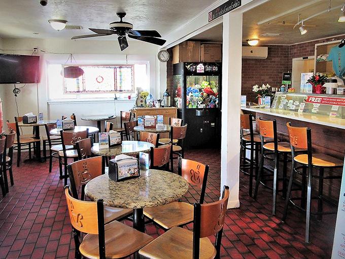 Red floors and wooden chairs transport you to simpler times, when the biggest decision was sprinkles or hot fudge.