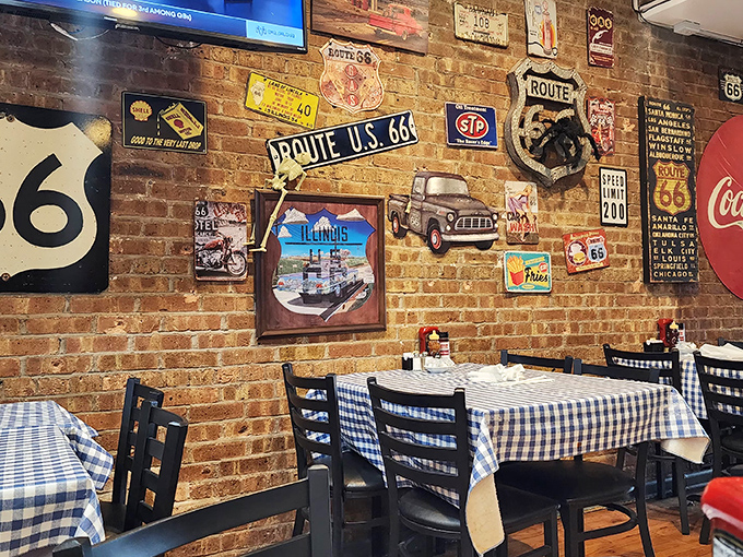 Route 66 memorabilia transforms brick walls into a museum of American wanderlust. Each vintage sign tells a story of the open road.