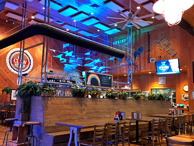 Step inside and you're greeted by warm wood tones and blue accent lighting, with schools of fish sculptures swimming overhead in this seafood sanctuary.