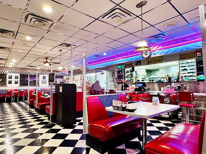 The checkerboard floor and cherry-red booths aren't trying to be retro&mdash;they're the real deal, preserved like a time capsule of American optimism.