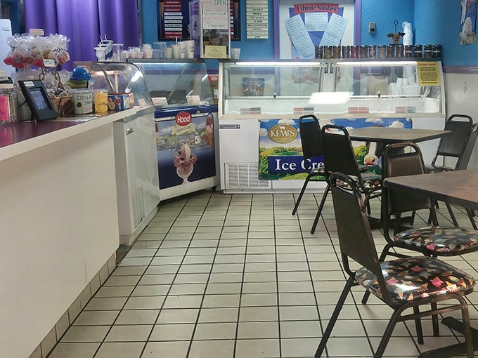 Inside, the blue walls and simple decor let you know immediately: this place prioritizes ice cream perfection over fancy frills.