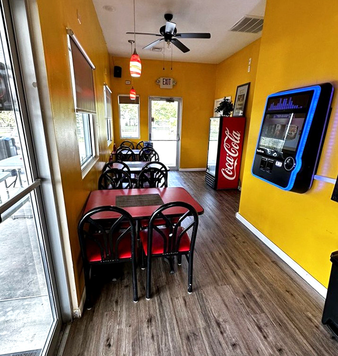 Sunshine-yellow walls and simple furnishings tell you everything about priorities here: all the creativity goes straight to the plate, not the d&eacute;cor.